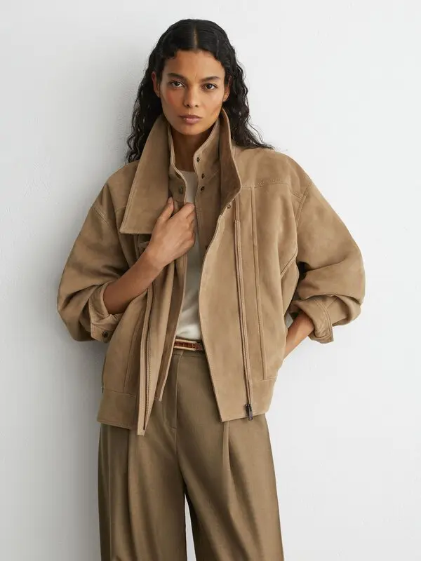 REISS Noa Petite Suede Double-layer Relaxed-fit Jacket