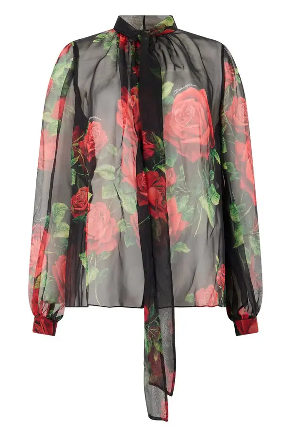 Dolce & Gabbana Floral Chiffon Silk Blouse With High Collar Ribbon Front