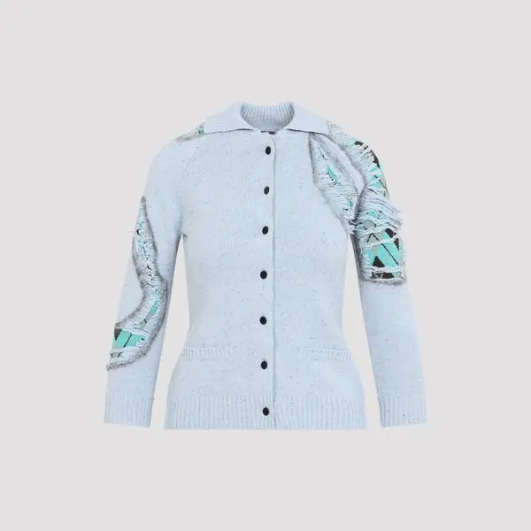 Moschino Distressed Patchwork Knit Cardigan - Blue