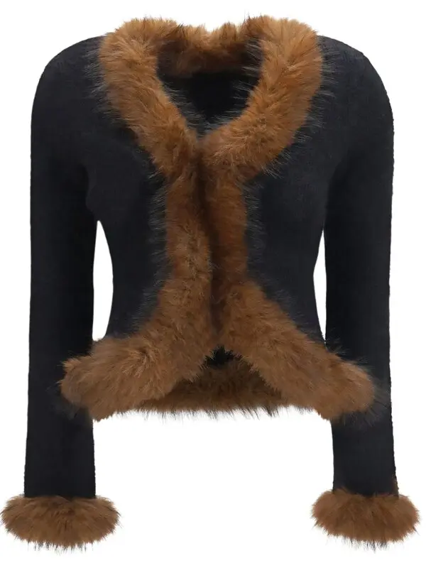 SELF-PORTRAIT Faux Fur Trim Cropped Cardigan - Black