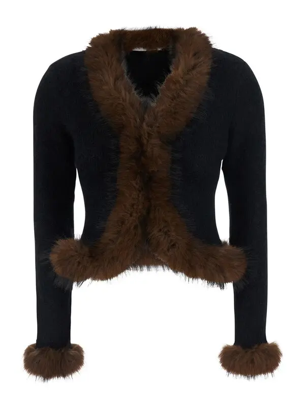 SELF-PORTRAIT Faux Fur Trim Cropped Cardigan - Black
