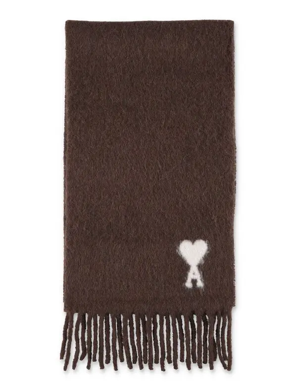 AMI Paris Soft Alpaca Scarf With Heart Motif And Fringed Rectangle