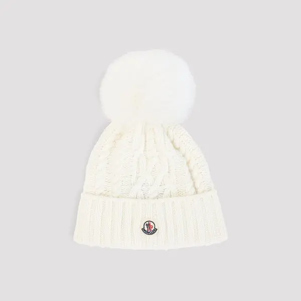 Moncler Cable Knit Beanie With Faux Fur Pom Pom