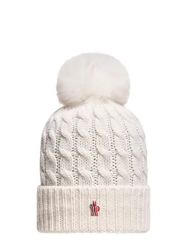 Moncler Cable Knit Beanie With Long-haired Sheepskin Pom-pom And Logo Patch