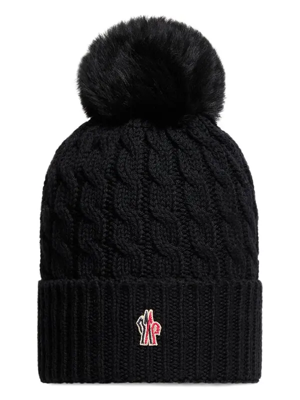 Moncler Cable Knit Wool Beanie With Long-haired Sheepskin Pom-pom And Logo Patch - Nero