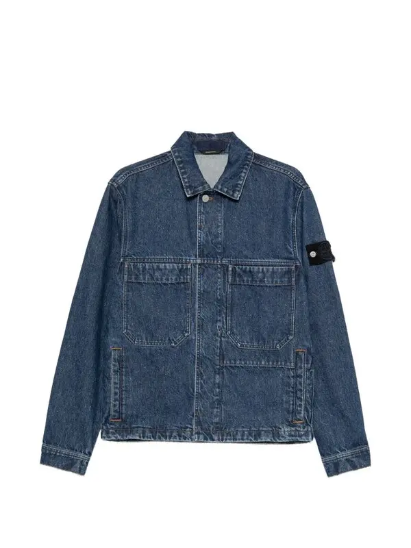 Stone Island Patch Chest Pockets Denim Jacket With Concealed Snap, Vertical Welt Hand Pockets & Cuff Buttons