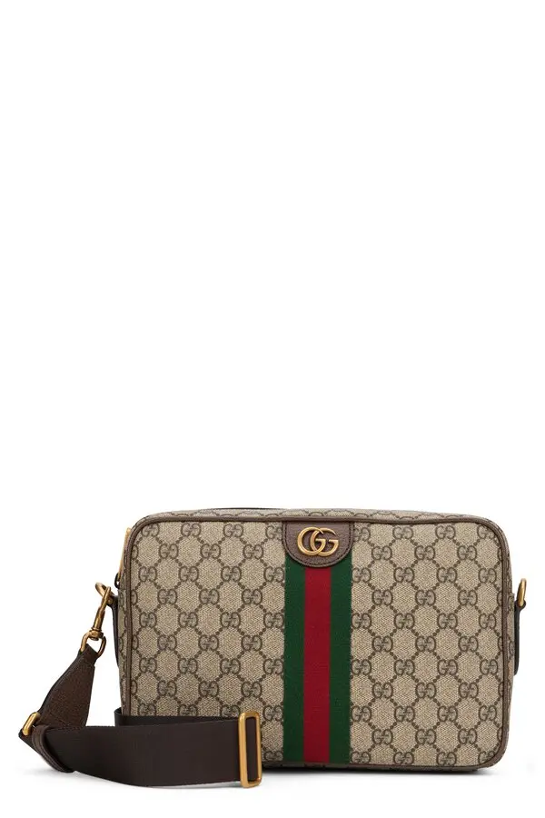 Gucci Monogram Shoulder Handbag With Central Ribbon And Adjustable Strap - Brown