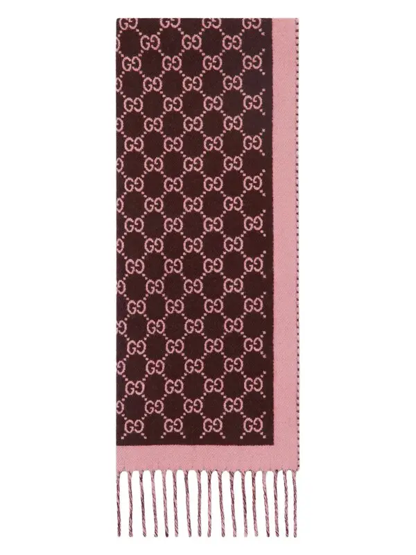 Gucci Dark Brown And Pink Gg Wool Fringe Scarf W34cm X L194cm For - Marrone