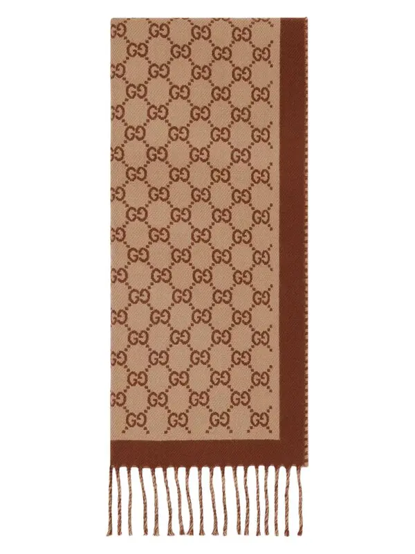 Gucci Gg Wool Scarf With Fringe Trim, 34cm X 194cm - Marrone