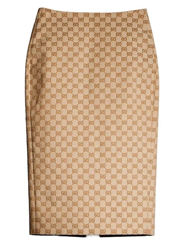 Gucci Sand Stretch Gg Cotton Canvas Unlined Back Vent Skirt - Beige