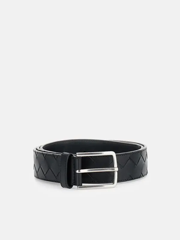 Bottega Veneta Blown-up Intreccio Leather Belt With Metal Pin Buckle - Nero