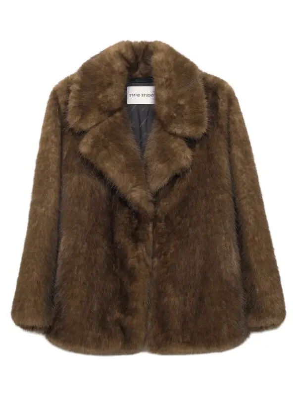 STAND STUDIO Relaxed Faux Fur Jacket With Wide Lapel Collar - Marrone