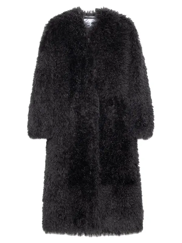 STAND STUDIO Long Straight Faux Fur Jacket With Hidden Hook Closure, Side Pockets