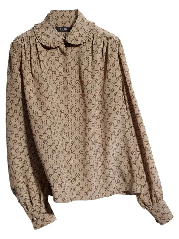 Gucci Allover Gg Print Unlined Silk Shirt With Ruffled Collar