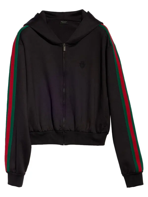 Gucci Crest Embroidered Fixed-hood Sweatshirt With Web Insert, Dropped Shoulders & Rib Trim