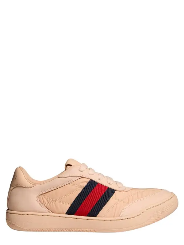 Gucci Light Pink Leather-trim Web Sneaker With Interlocking G Rubber Sole And Cushioned Insole