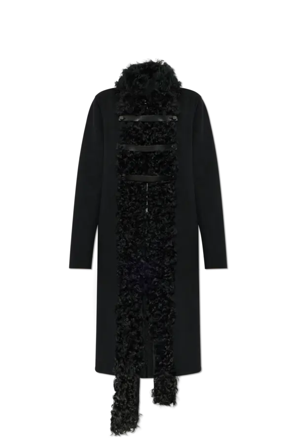 Fendi Wool Long Coat With Lamb-finish Panel And Leather Accents