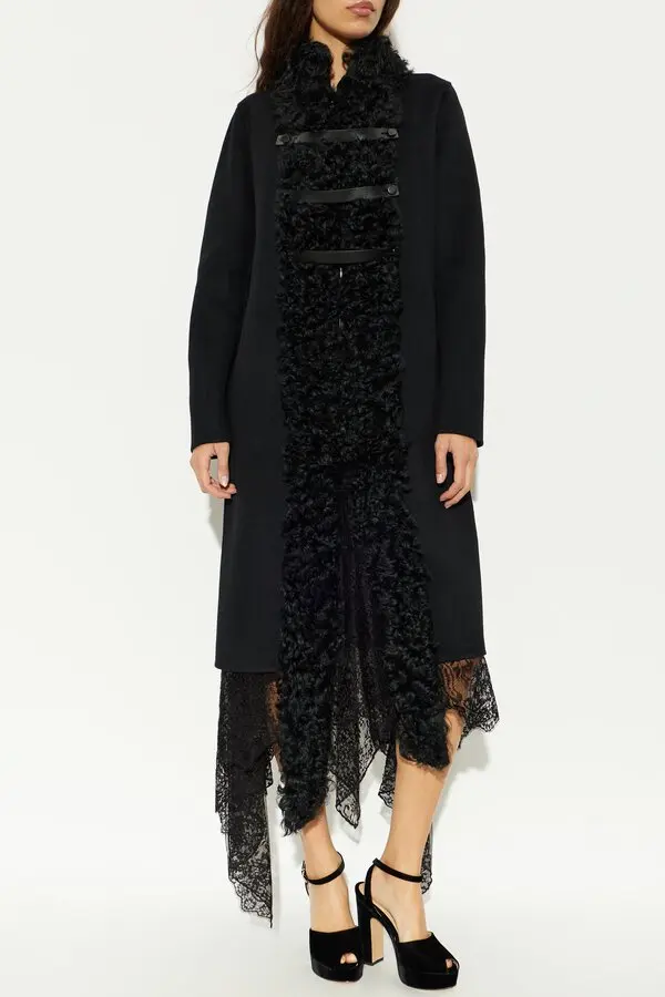 Fendi Wool Long Coat With Lamb-finish Panel And Leather Accents
