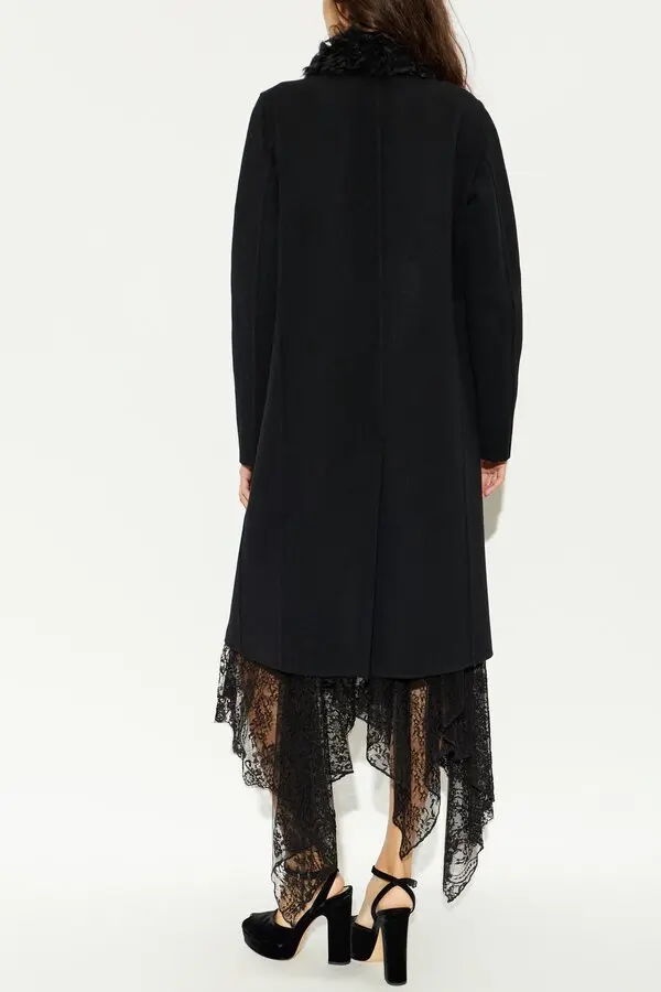 Fendi Wool Long Coat With Lamb-finish Panel And Leather Accents