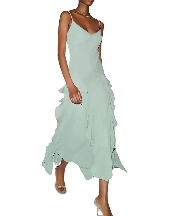 REFORMATION Allissa V Neck Ruffle Trim Dress - Celadon