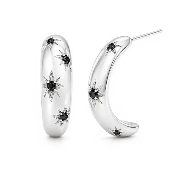 UNALOE Silver / Black Black Starburst Hoop Earrings – Sterling Silver