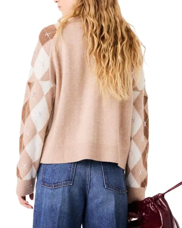 Maje Wool Rhinestone Argyle Cardigan Sweater - Beige