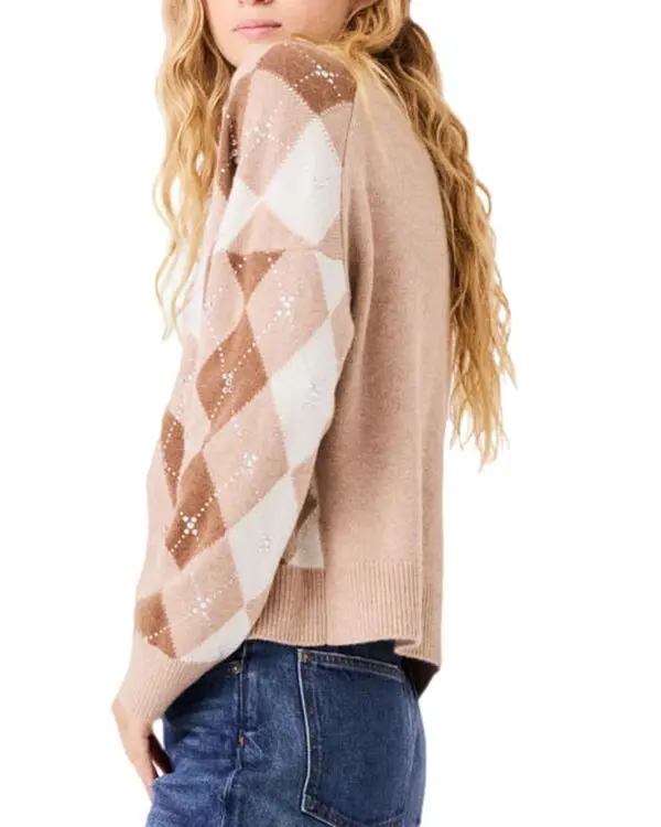 Maje Wool Rhinestone Argyle Cardigan Sweater - Beige