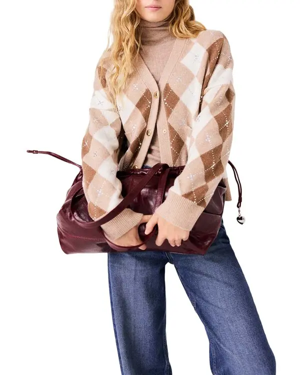 Maje Wool Rhinestone Argyle Cardigan Sweater - Beige