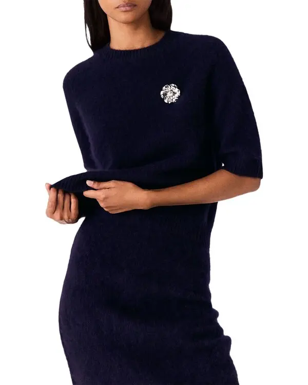 Maje Wool Floral Brooch Sweater