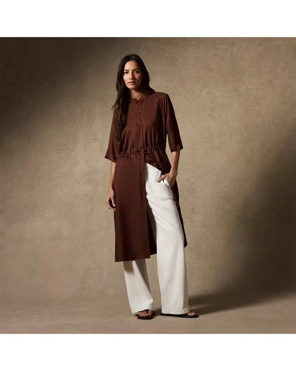 Eileen Fisher Silk Mandarin Collar Drawstring Waist Dress