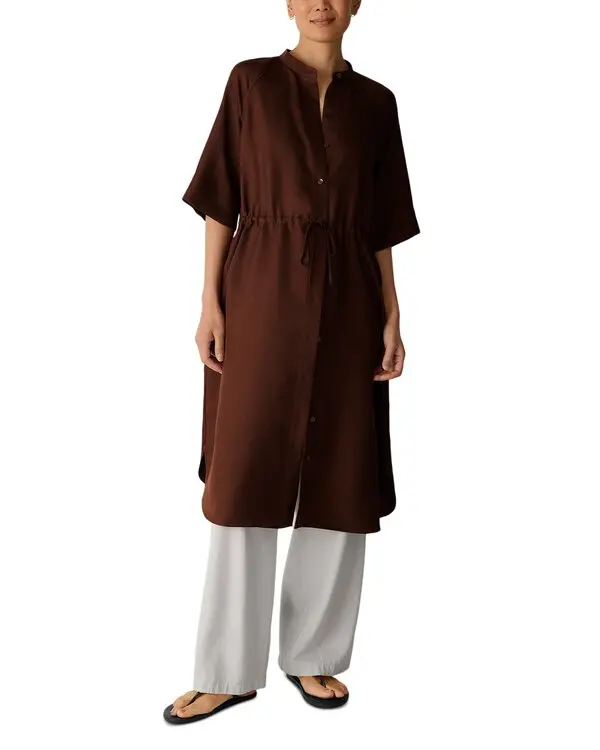 Eileen Fisher Silk Mandarin Collar Drawstring Waist Dress