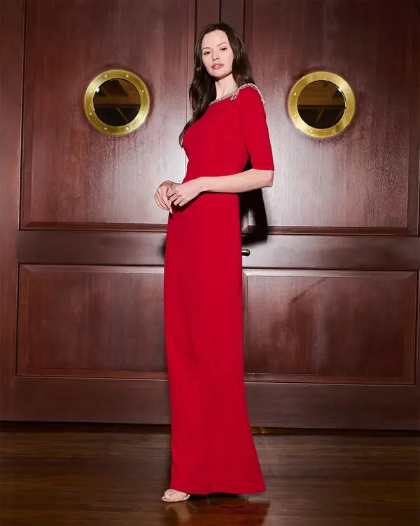EMILY SHALANT Stretch Crepe Elbow Sleeve Embellished Gown - Red