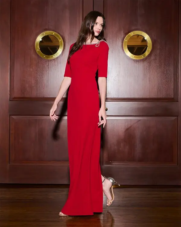 EMILY SHALANT Stretch Crepe Elbow Sleeve Embellished Gown - Red