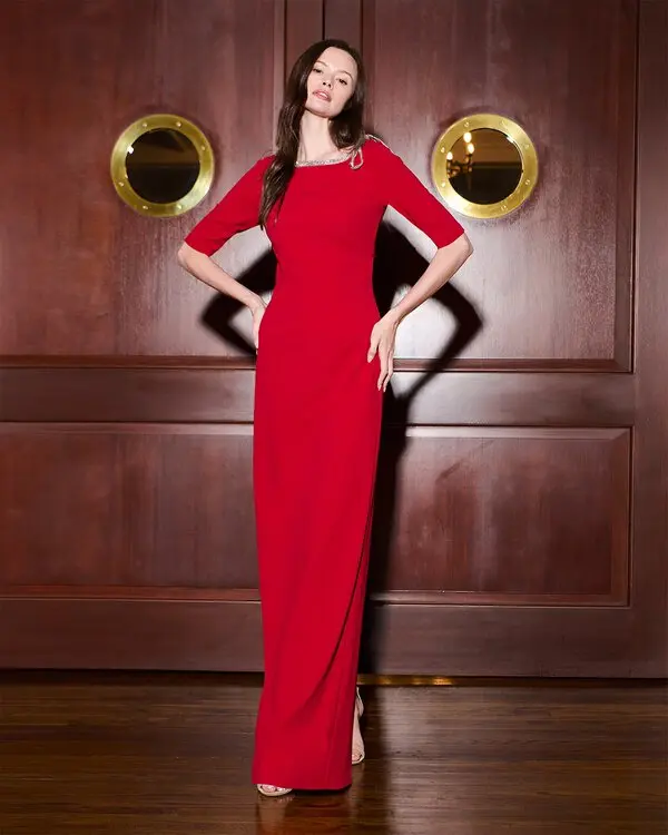 EMILY SHALANT Stretch Crepe Elbow Sleeve Embellished Gown - Red