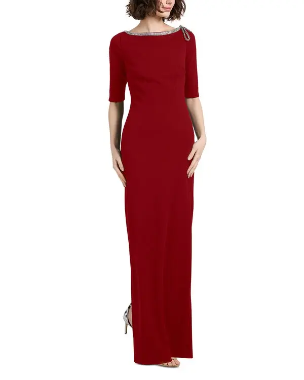 EMILY SHALANT Stretch Crepe Elbow Sleeve Embellished Gown - Red