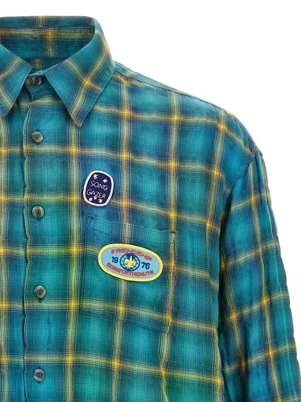 SONG FOR THE MUTE School Check-pattern Patch-detail Shirt - Blue