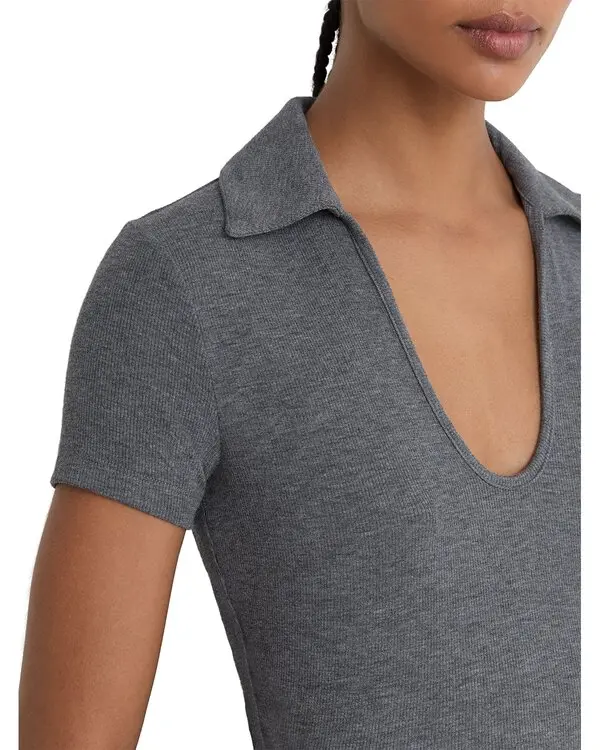 REISS Daria Split Neck Polo Top - Grey Marl