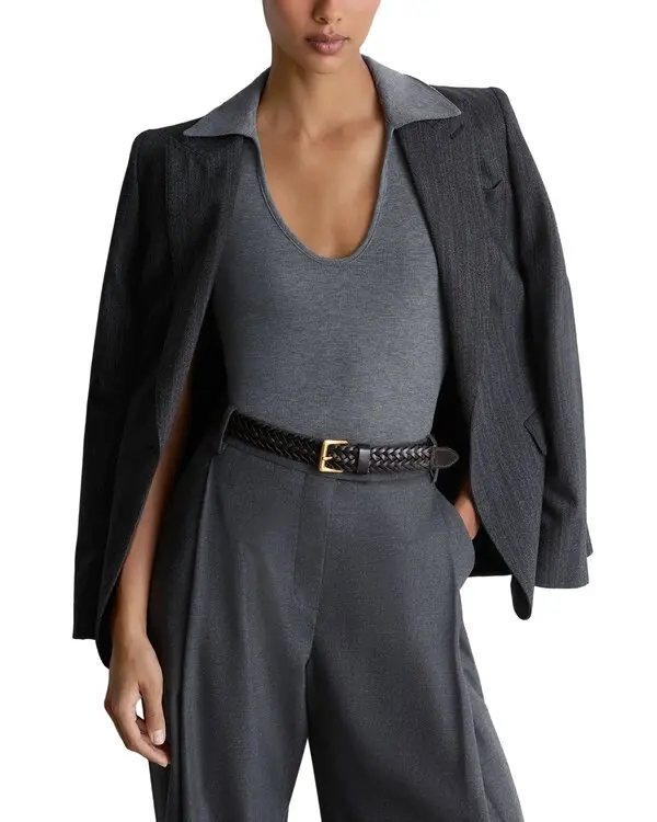 REISS Daria Split Neck Polo Top - Grey Marl