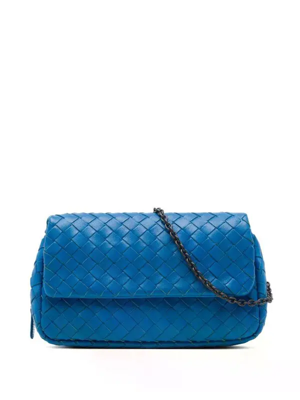 Bottega Veneta 2012-2026 Mini Nappa Intrecciato Expandable Chain Flap Crossbody Bag - Blue