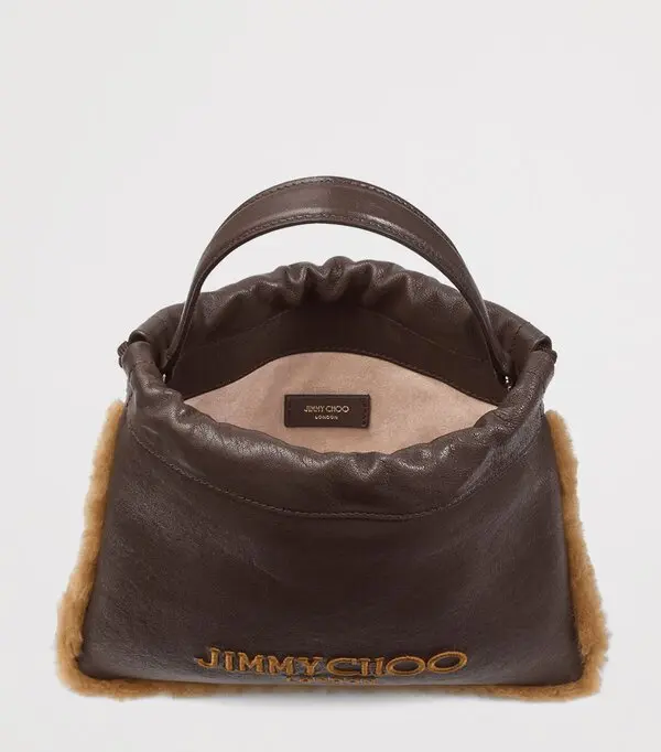 JIMMY CHOO Leather Shearling-trim Drawstring Pouch