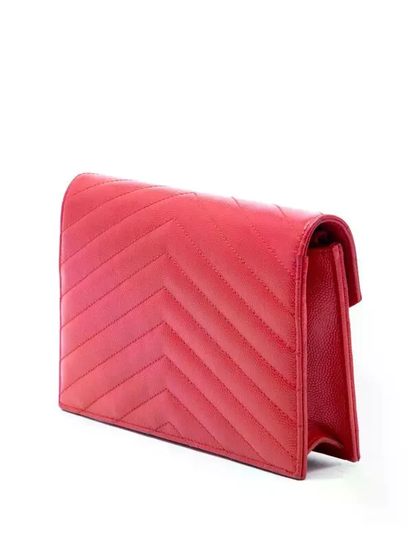 Saint Laurent 2018 Grain De Poudre Chevron Monogram Envelope Wallet On Chain Crossbody Bag - Red