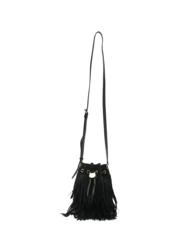 Mulberry Fringed Drawstring Bucket Bag - Black