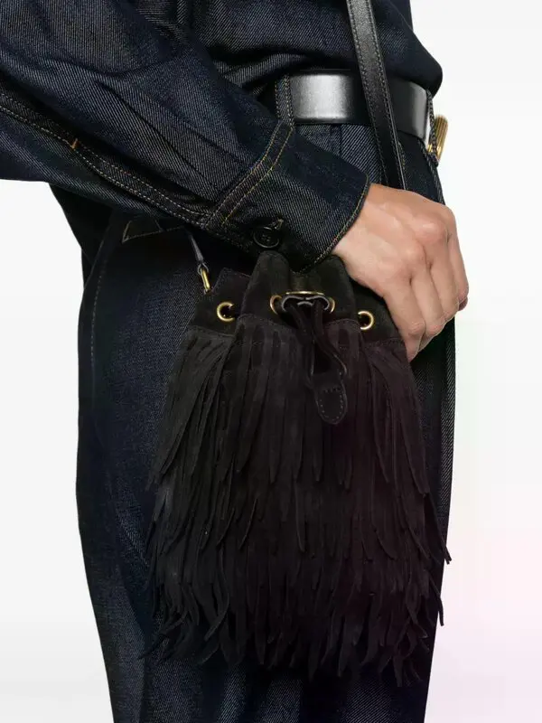 Mulberry Fringed Drawstring Bucket Bag - Black