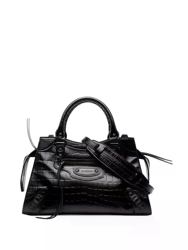Balenciaga 2021 Small Croc Embossed Calfskin Motocross Neo Classic City Satchel - Black