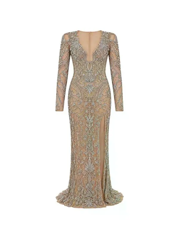Philipp Plein Tulle V-neckline Long Evening Dress Crystals