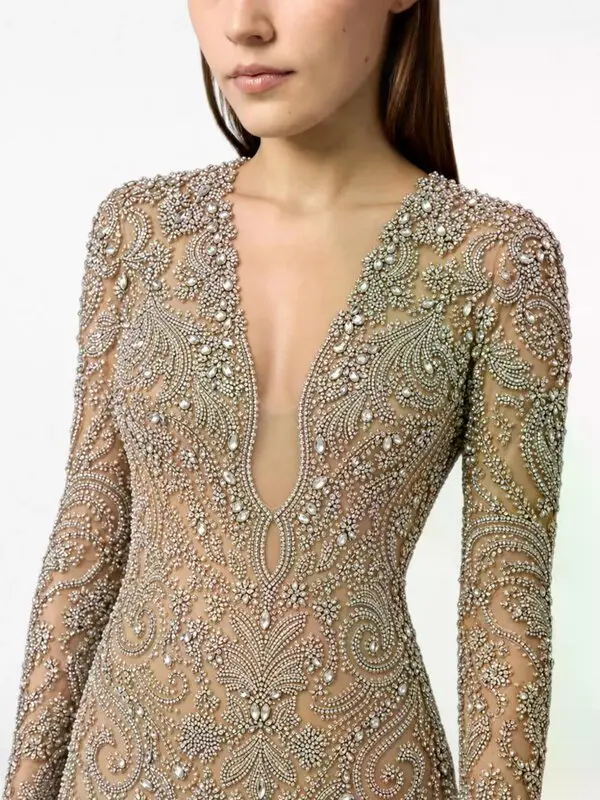 Philipp Plein Tulle V-neckline Long Evening Dress Crystals