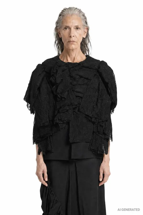 Comme Des Garçons Coated Lace Long Sleeve Top - Black