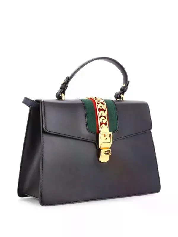 Gucci Sylvie Top Handle Bag Leather Medium Satchel - Black