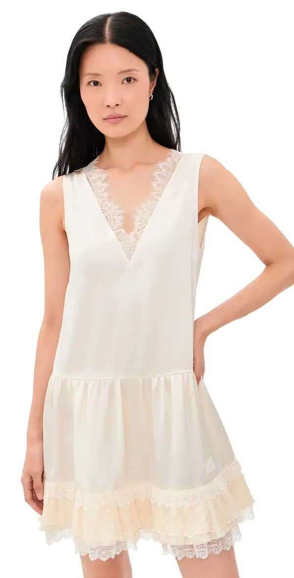 GANNI Fluid Satin V Neck Lace Mini Dress - Egret