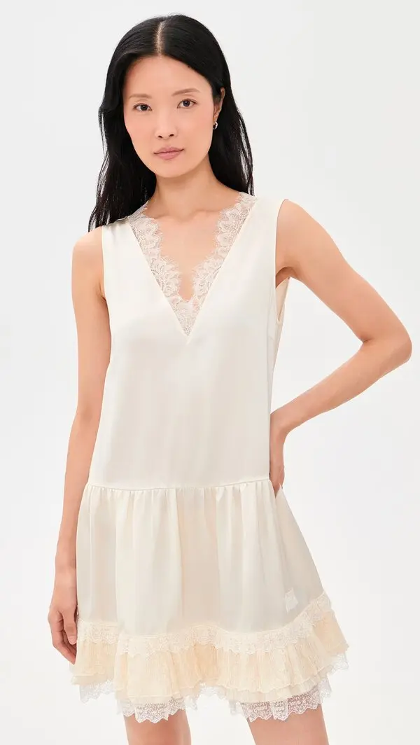 GANNI Fluid Satin V Neck Lace Mini Dress